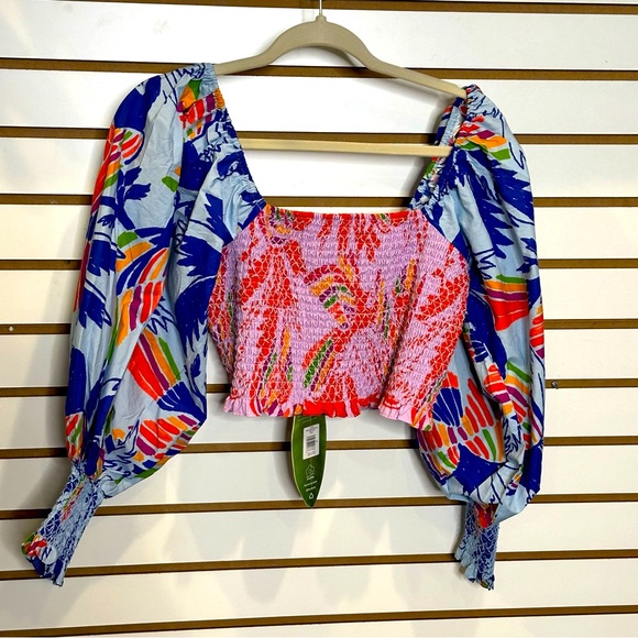 FARM Rio | Tops | Farm Rio Mixed Birds Puff Sleeve Smocked Crop Top ...